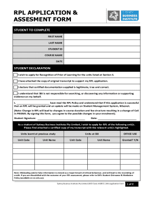 Fillable Online Rpl Application & Assessment Form 2023 for Student ...