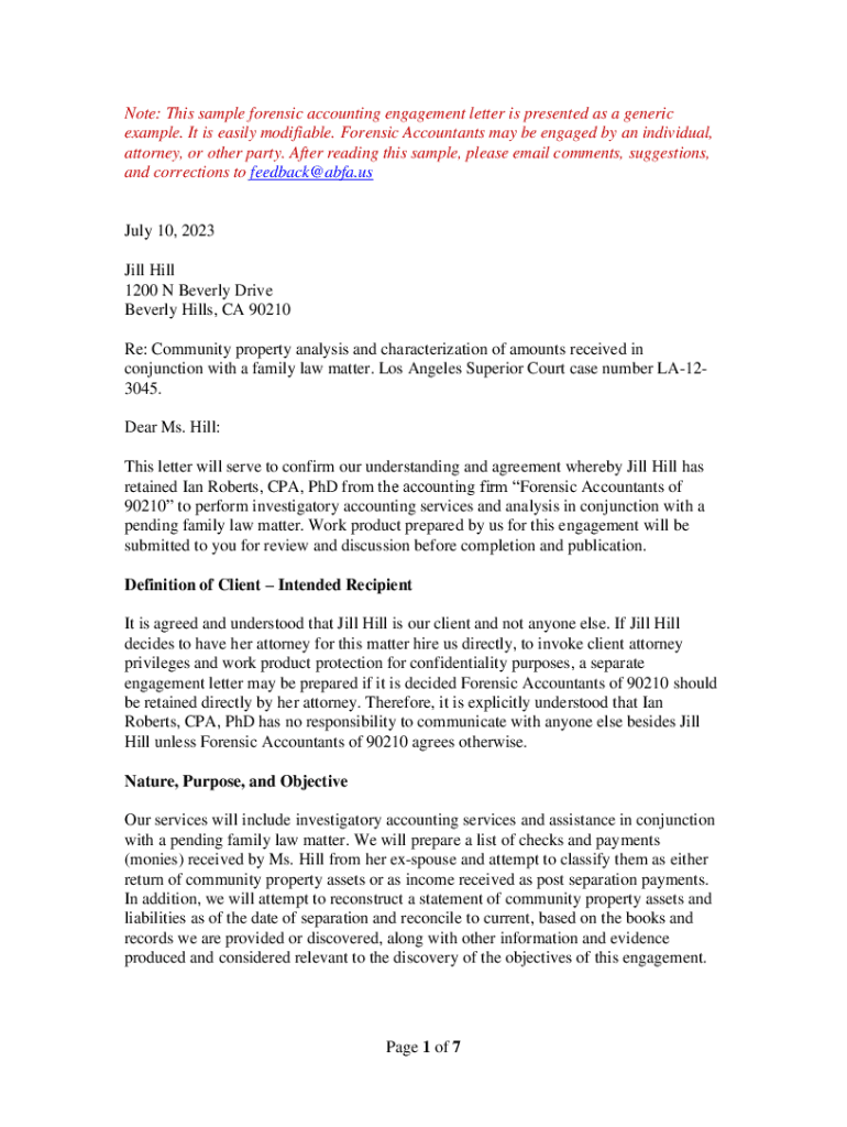 Fillable Online Note: This sample forensic accounting engagement letter ...