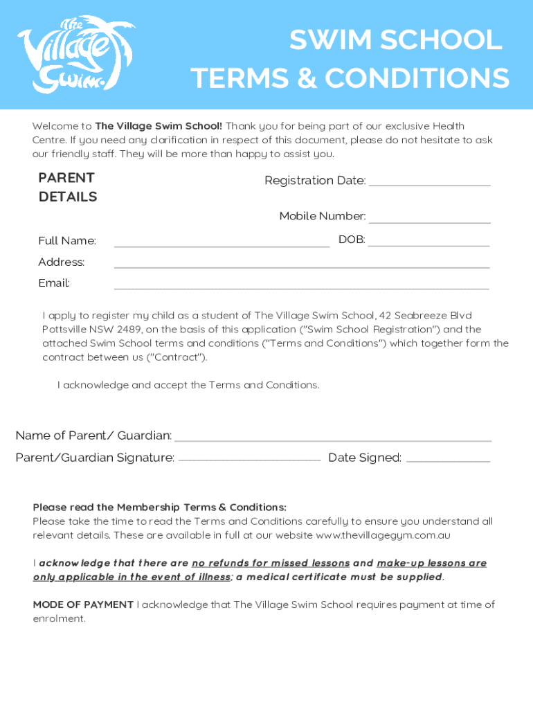 Fillable Online Village Swim School Terms & Conditions 2023 ...