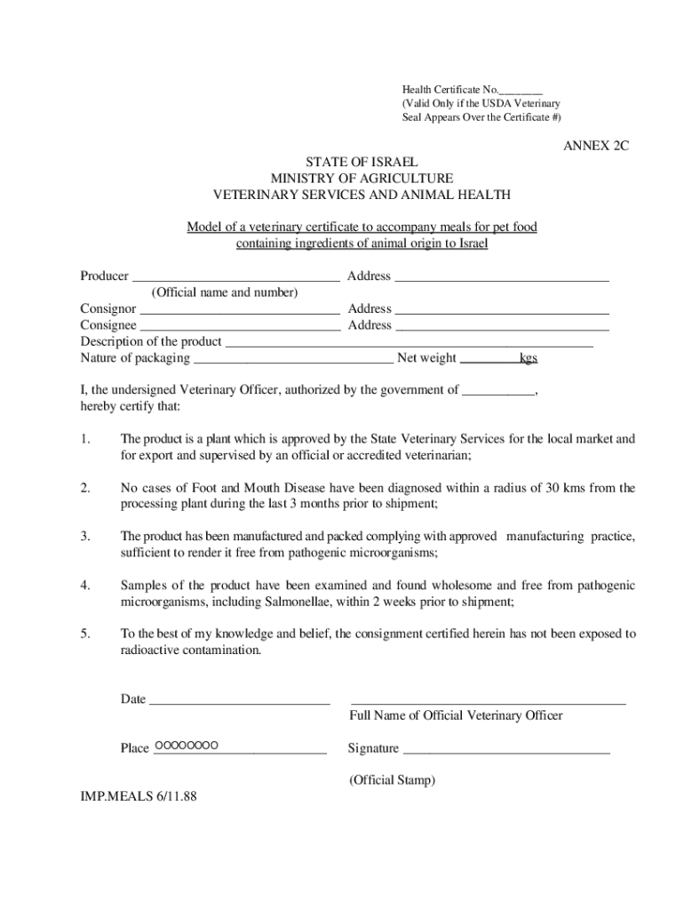 Fillable Online Health Certificate No. Valid only if the USDA ...