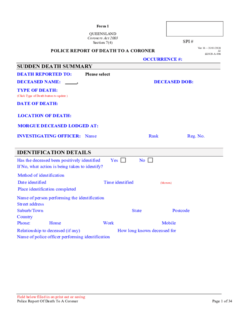 Fillable Online Queensland Coroners Act 2003 Police Report of Death ...