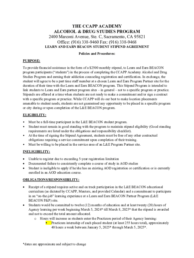 Fillable Online learn and earn beacon student stipend agreement Fax ...