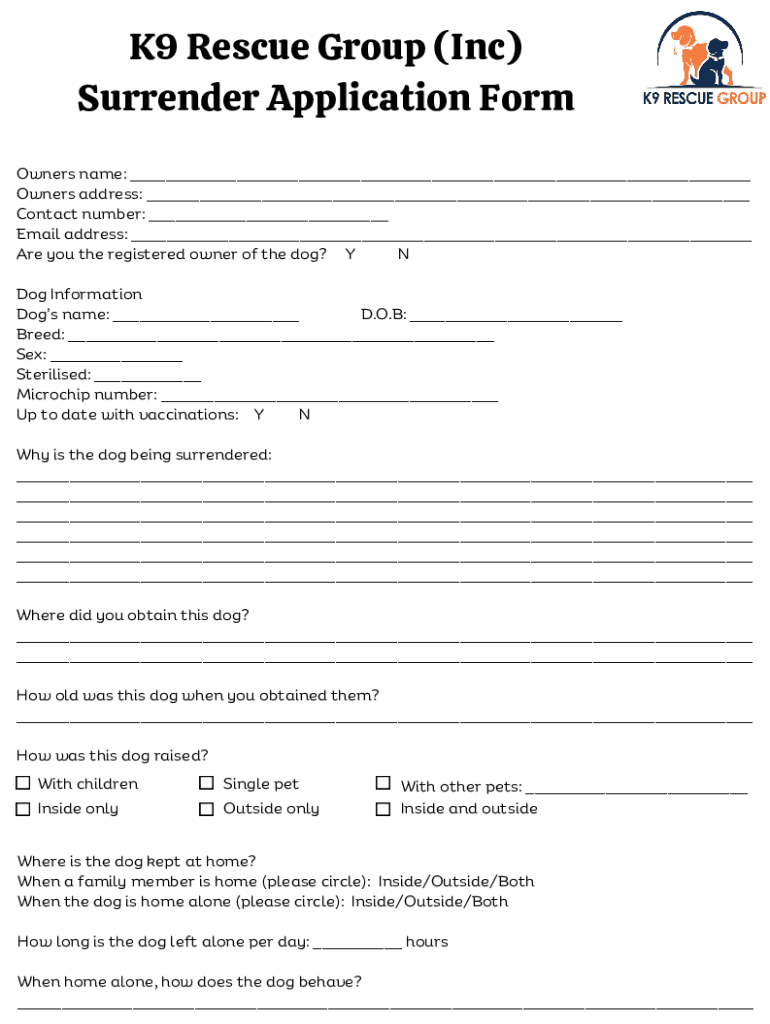 Fillable Online K9 Rescue Group Surrender Application Form 2023 Fax ...