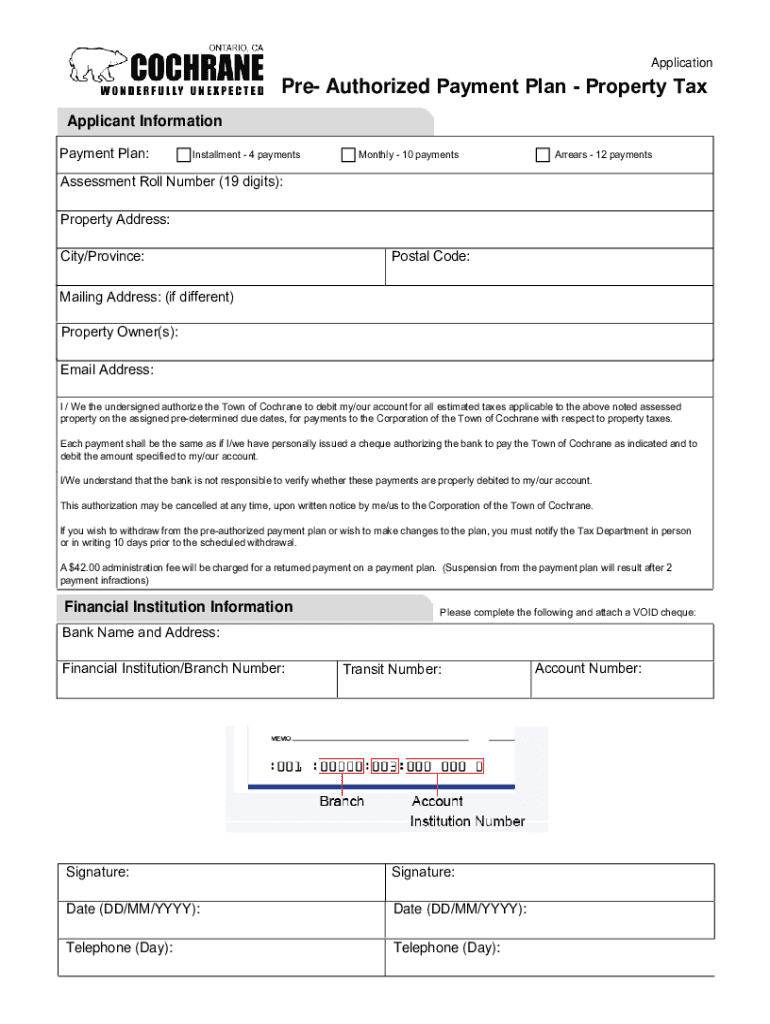Fillable Online Pre-authorized Payment Plan for Property Tax - Cochrane 2023 Fax Email Print ...