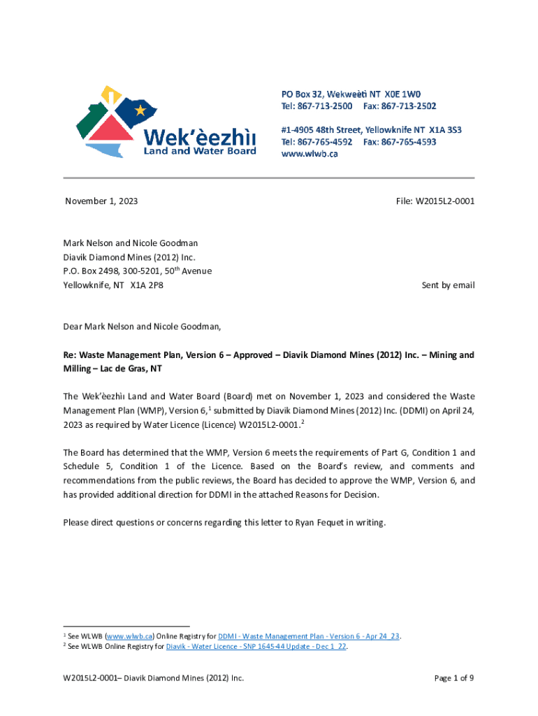 Fillable Online Waste Management Plan Approval - Diavik Diamond Mines 2023 Fax Email Print ...
