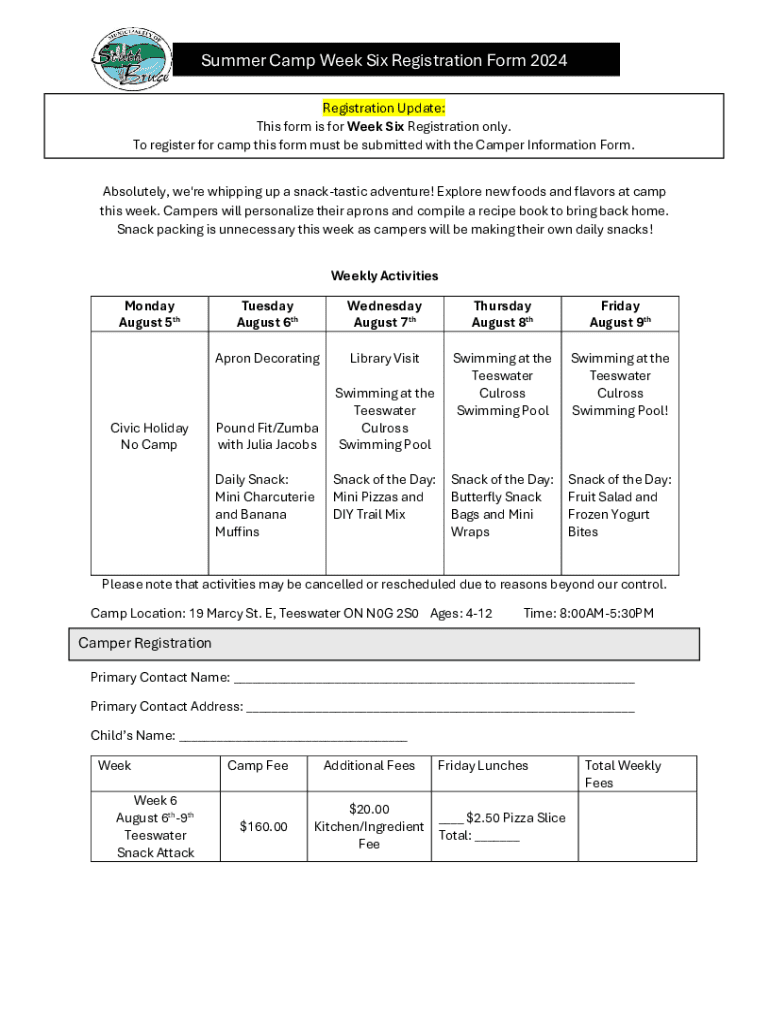 Fillable Online Summer Camp Week Six Registration Form 2024 Fax Email ...