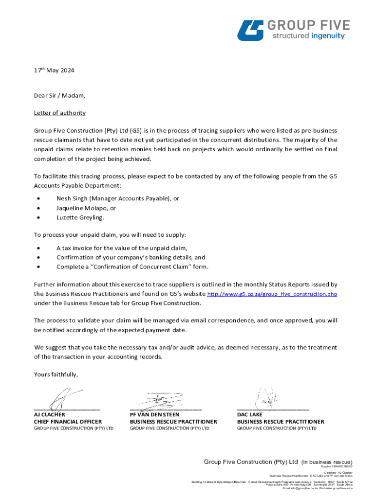 Fillable Online Group Five Construction Supplier Claims Process 2024 ...