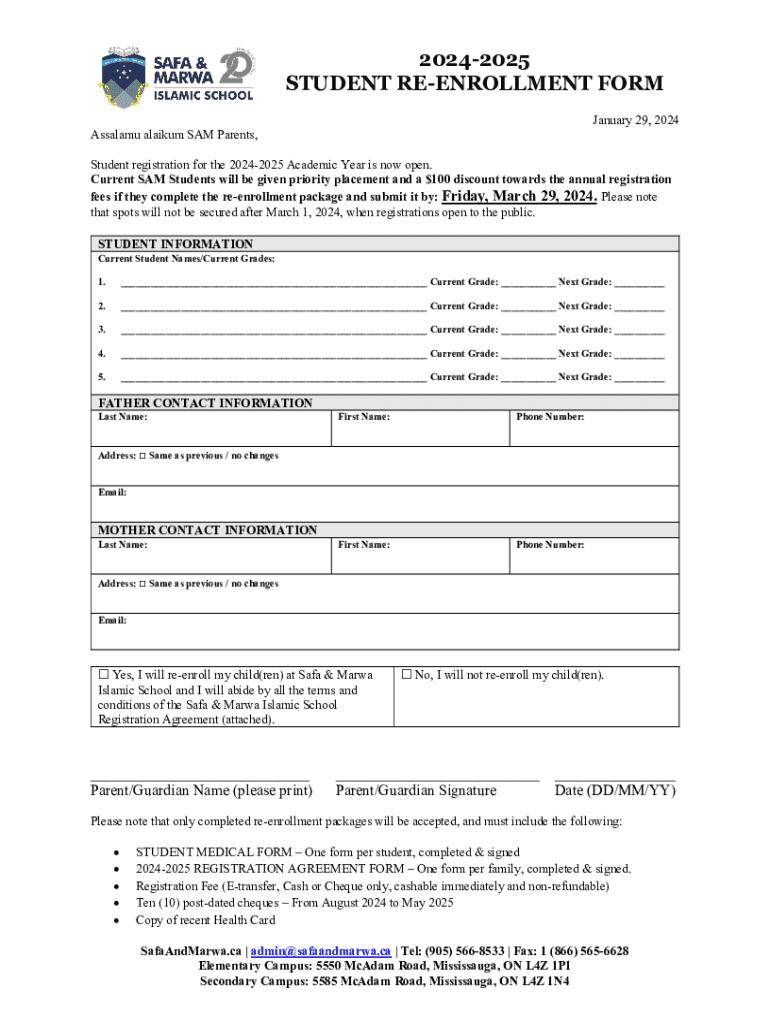 Fillable Online 2024-2025 Student Re-enrollment Form - Safa & Marwa ...