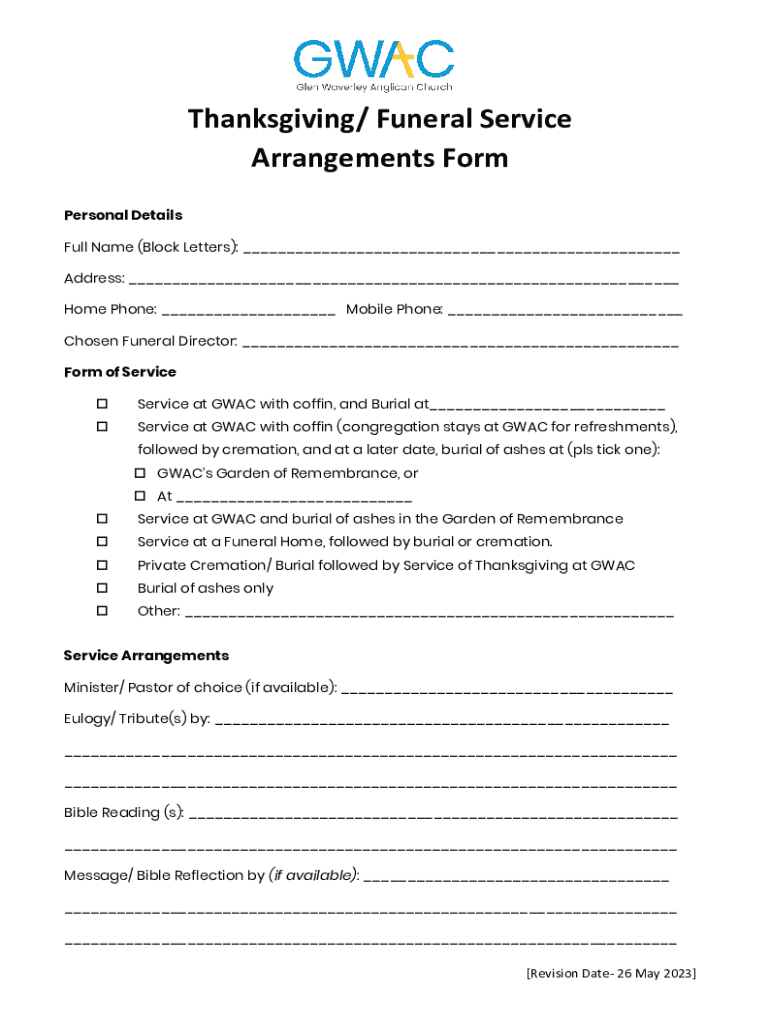 Fillable Online Thanksgiving Funeral Service Arrangements Form 2023 Fax Email Print - pdfFiller