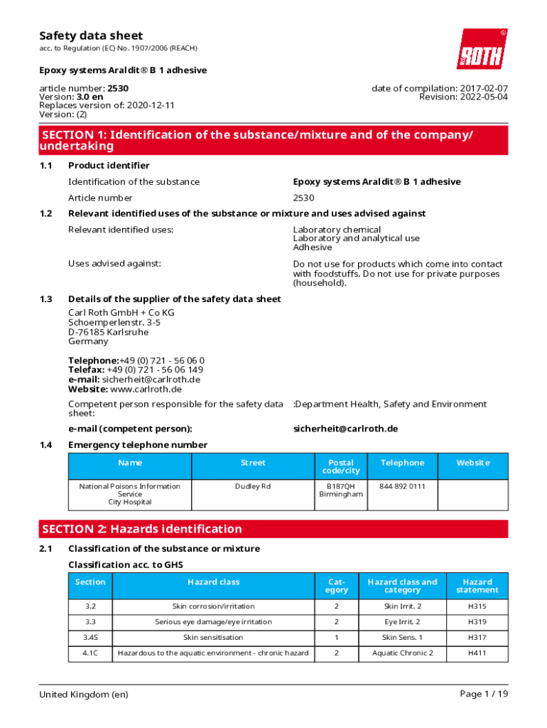 Fillable Online Safety Data Sheet for Araldit® B 1 Epoxy Adhesive | 2022 Fax Email Print - pdfFiller