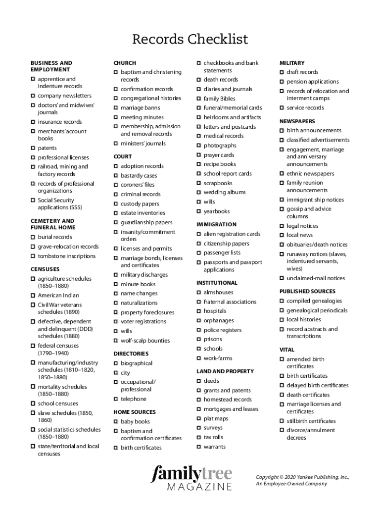 Fillable Online Comprehensive Records Checklist for Genealogy Research ...