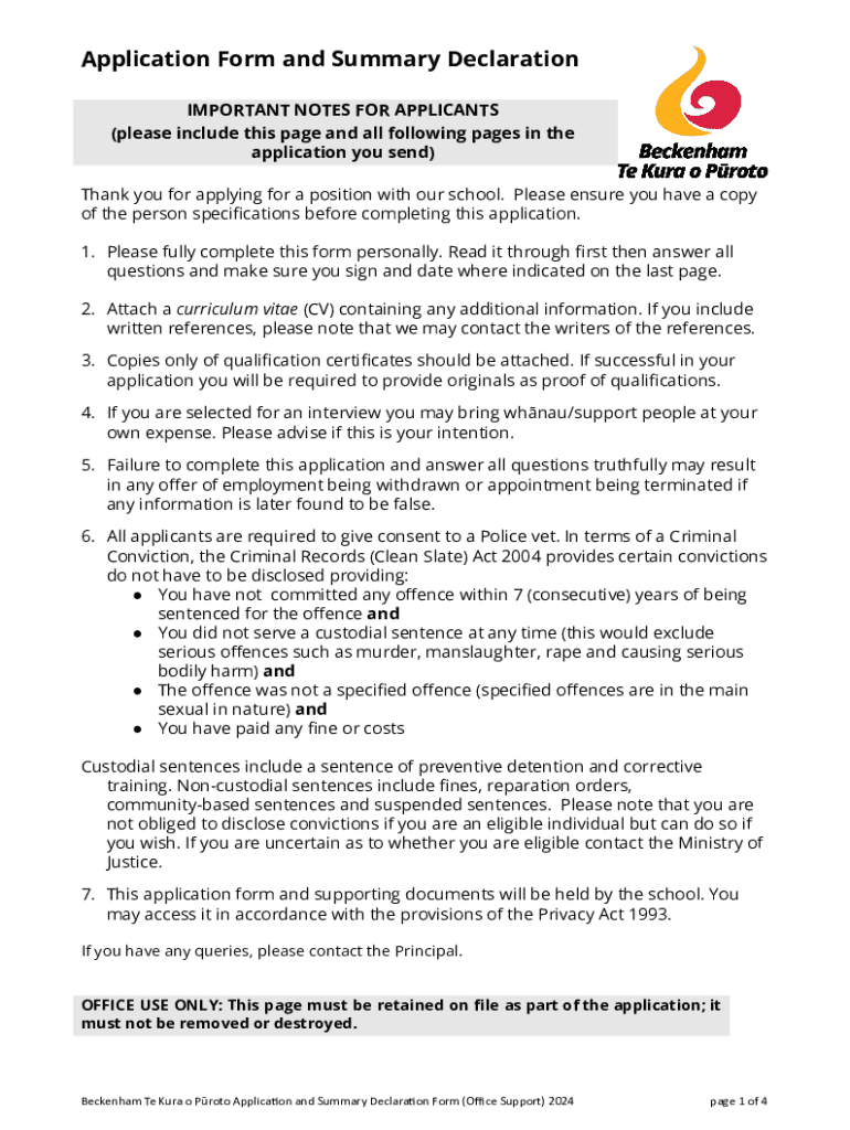 Fillable Online Beckenham Te Kura O Pūroto Application and Summary Declaration Form Fax Email ...