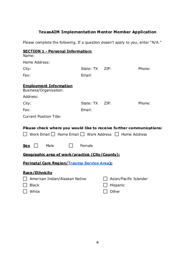 Fillable Online Texasaim Implementation Mentor Application 2024 - Join ...