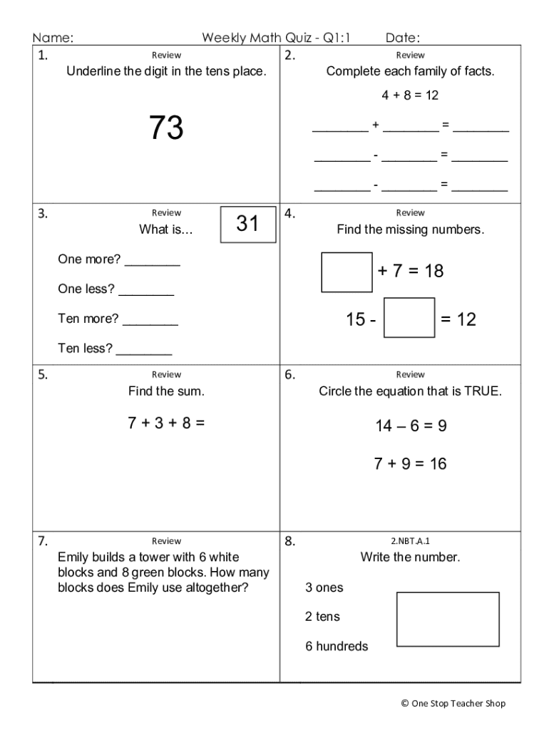 Fillable Online Weekly Math Quiz - Q1:1 Date: Underline the digit in ...