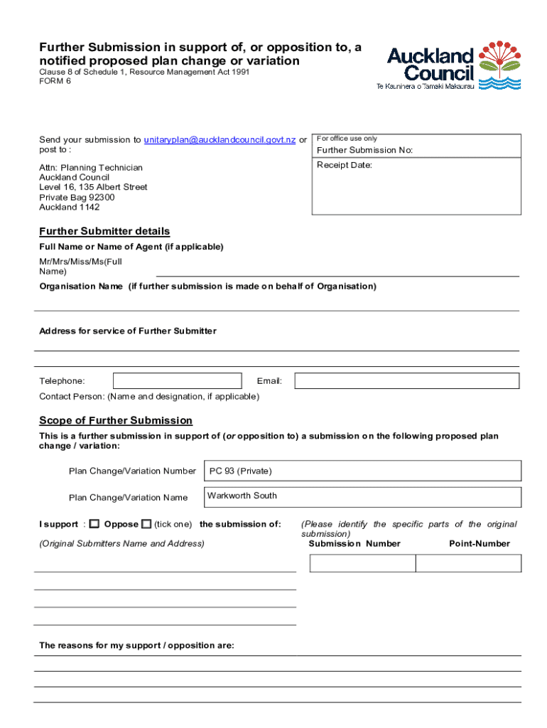 Fillable Online Further Submission for Proposed Plan Change - Resource Management Act 1991 Fax ...