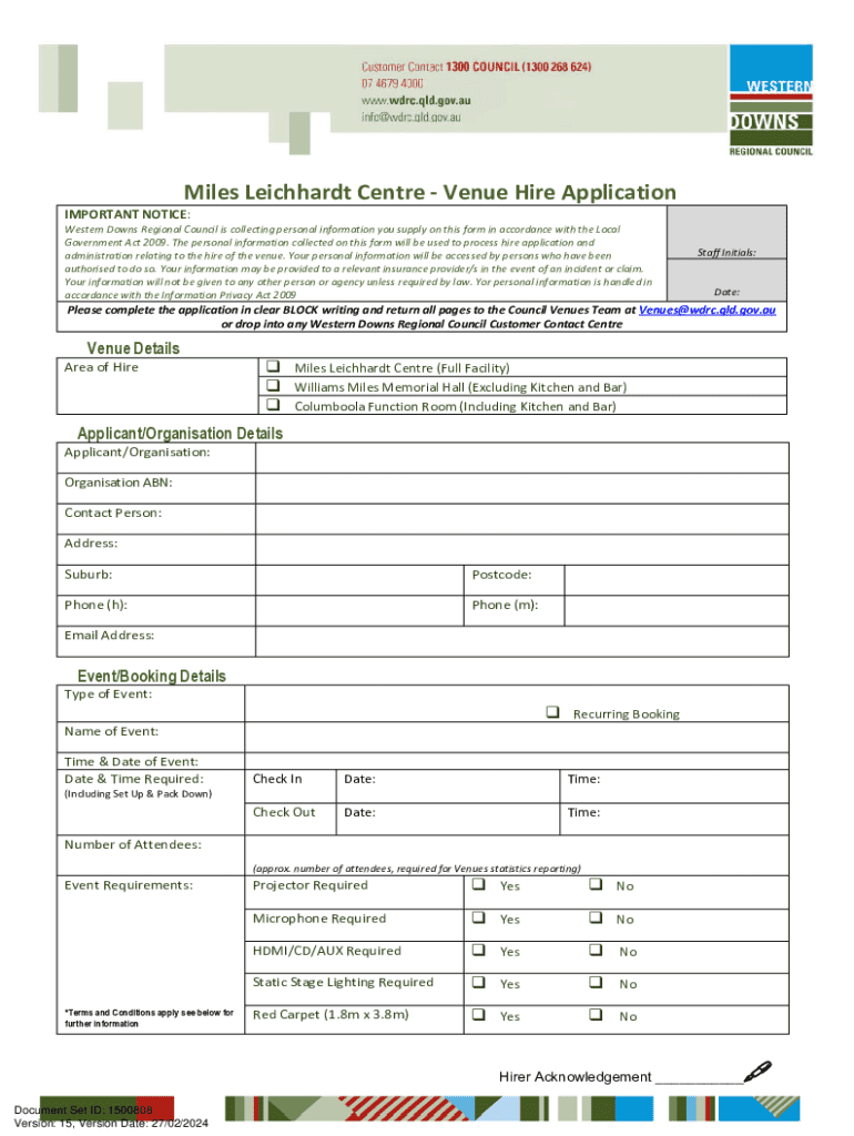 Fillable Online ECM1500808v15FACVenue Hire Application Miles Leichhardt ...