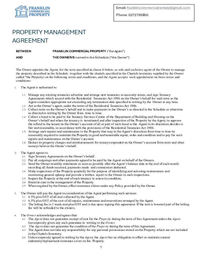 Fillable Online Property Management Agreement 2023 - Franklin ...