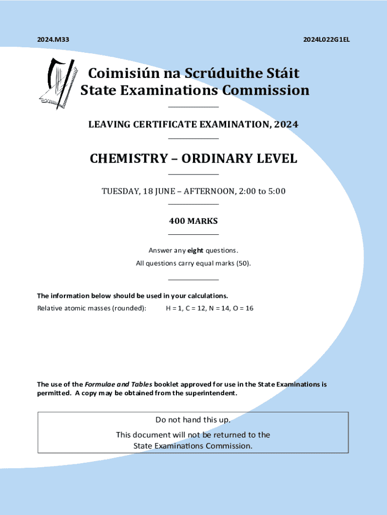 Fillable Online Leaving Certificate Chemistry Ordinary Level Examination 2024 - Key Concepts and ...