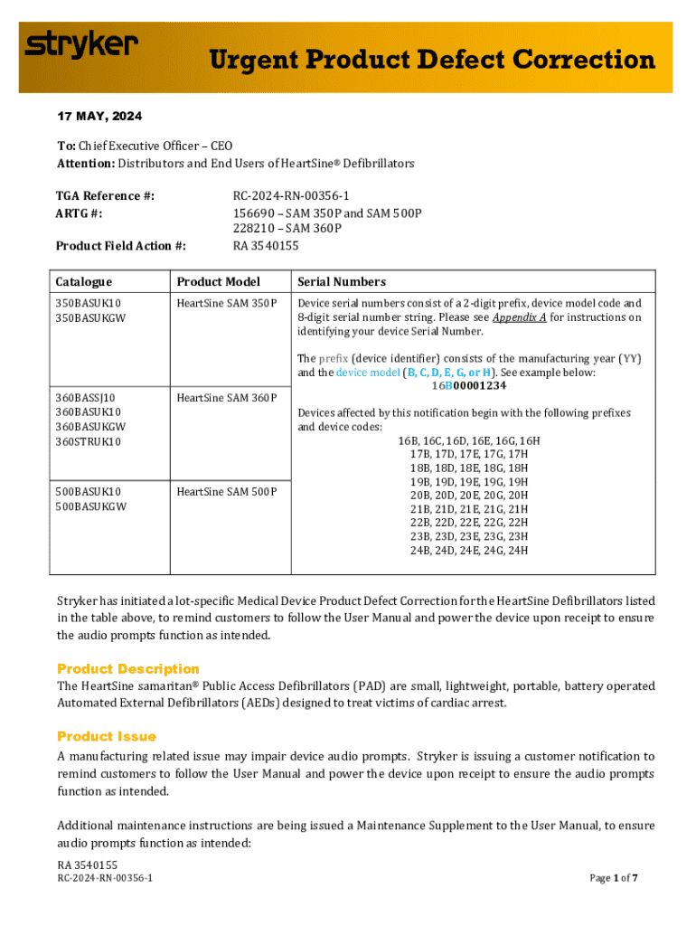Fillable Online Product Defect Correction for HeartSine Samaritan ...
