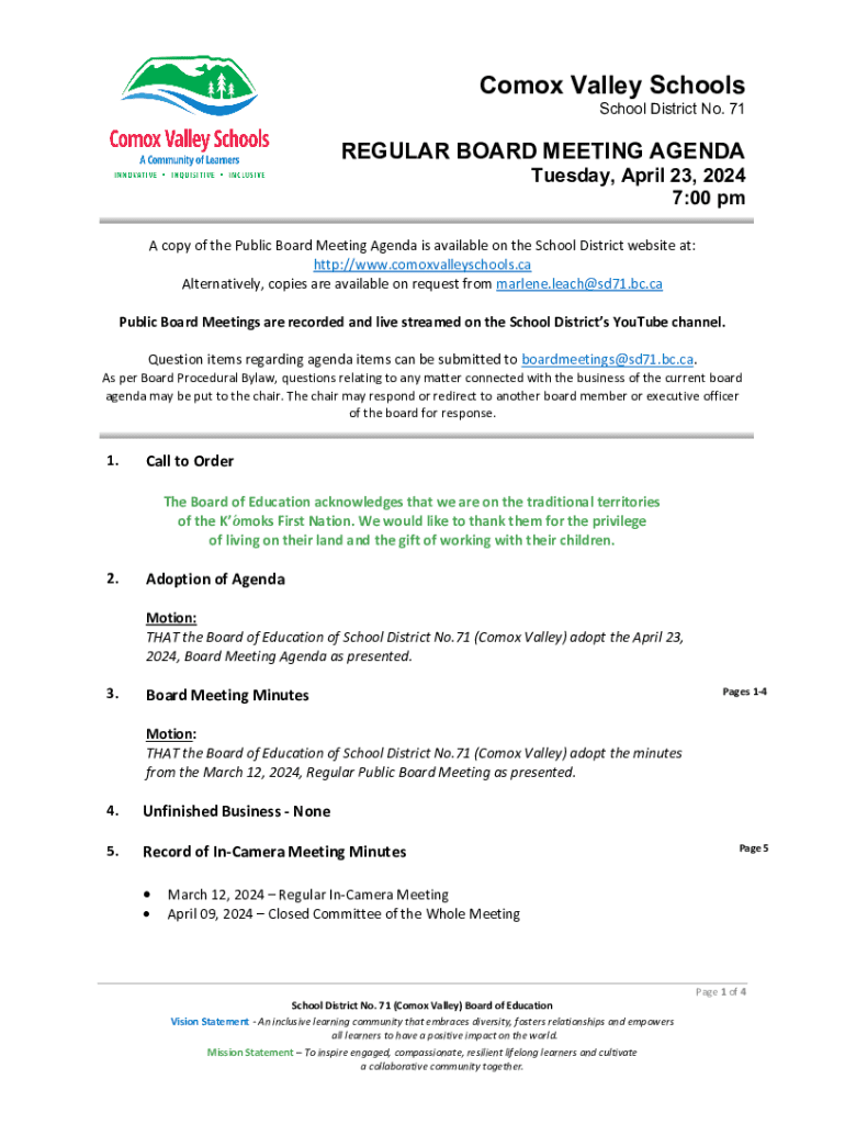 Fillable Online Comox Valley Schools Regular Board Meeting Agenda ...
