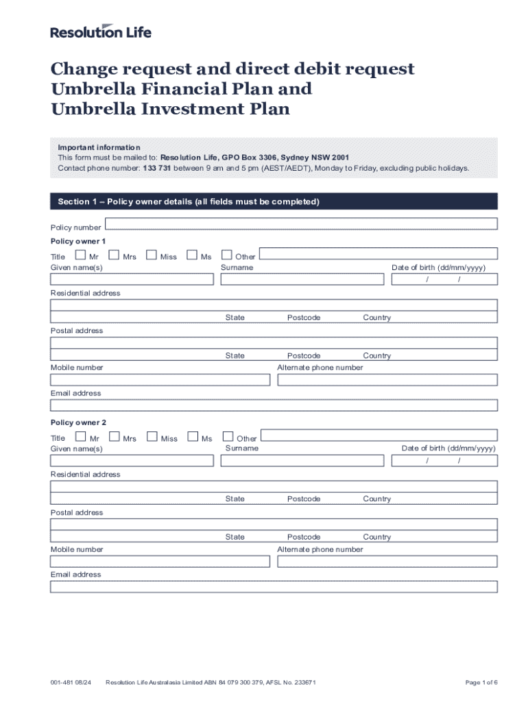 Fillable Online Change Request Form (Umbrella Financial Plan and ...