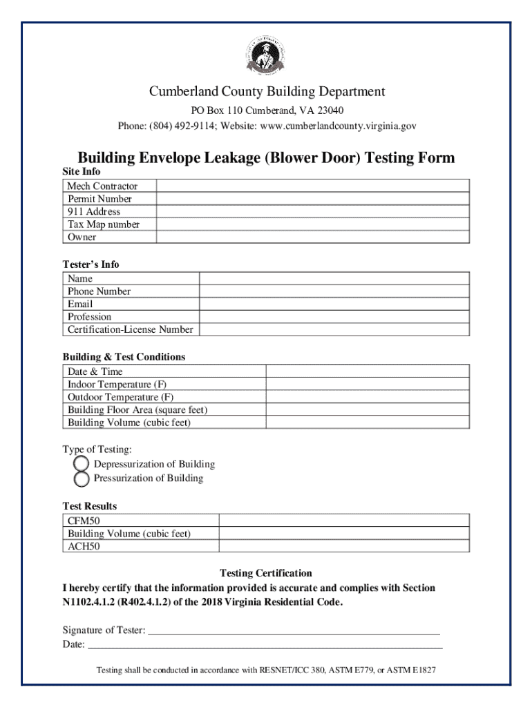 Fillable Online Building Envelope Leakage (Blower Door) Testing Form ...