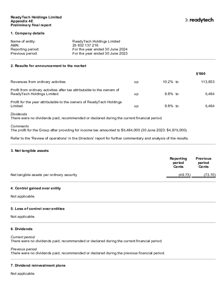 Fillable Online ReadyTech Holdings Limited Appendix 4E Preliminary final report Fax Email Print ...