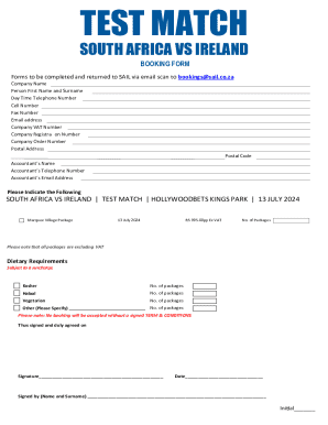 Fillable Online 2024 South Africa Vs Ireland Test Match Booking Form ...