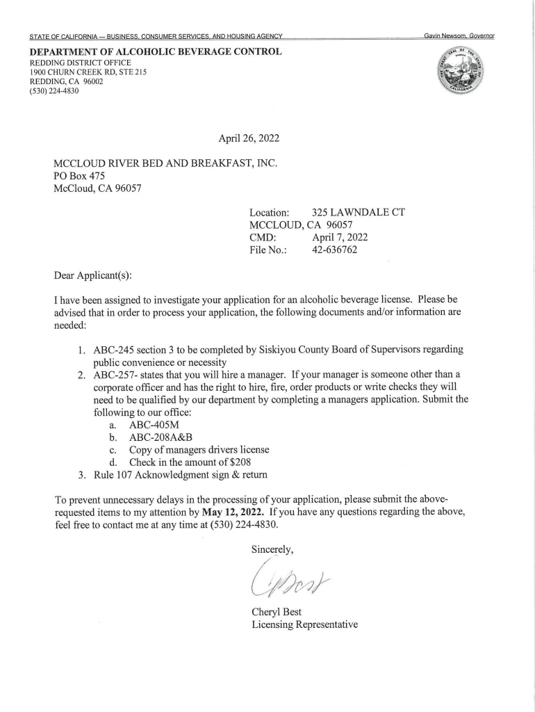 Fillable Online ABC Announces On-Sale Liquor Licenses for Shasta County ...