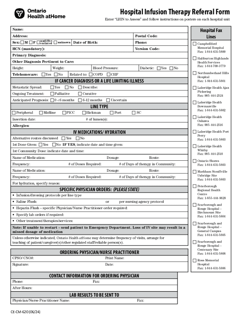 Fillable Online Infusion Therapy Referral Form - Ontario Health atHome ...