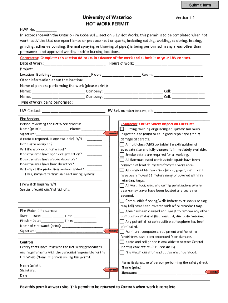 Fillable Online University of Waterloo Hot Work Permit 2015 - Safety ...