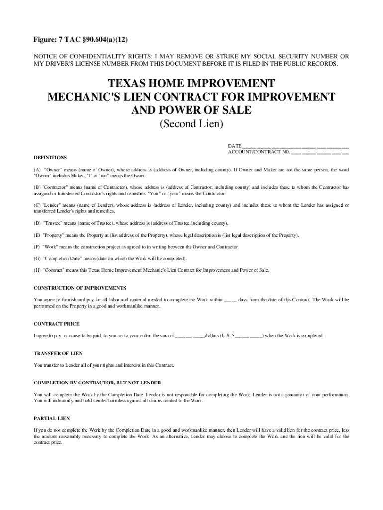 Fillable Online Texas Home Improvement Mechanic's Lien Contract (2023 ...