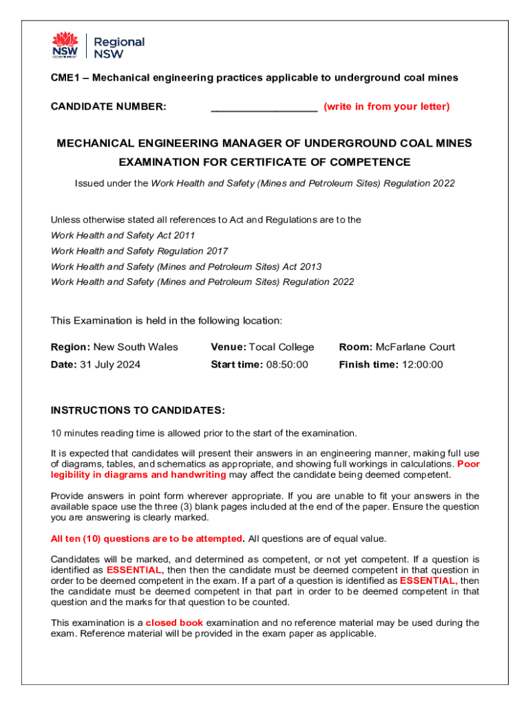 Fillable Online Mechanical Engineering Manager of underground coal mines - examination for ...