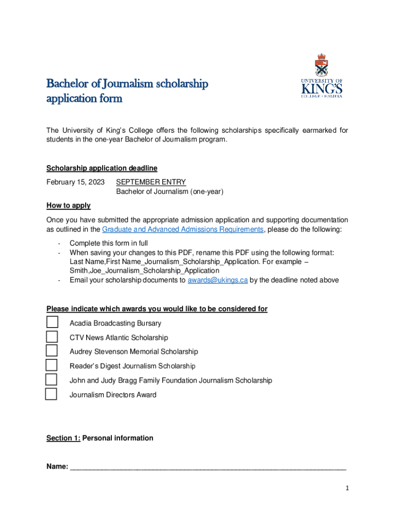 Fillable Online Bachelor of Journalism Scholarship Application 2023 ...