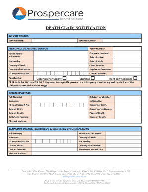 Fillable Online Death Claim Notification Form 2023 - Prospercare ...