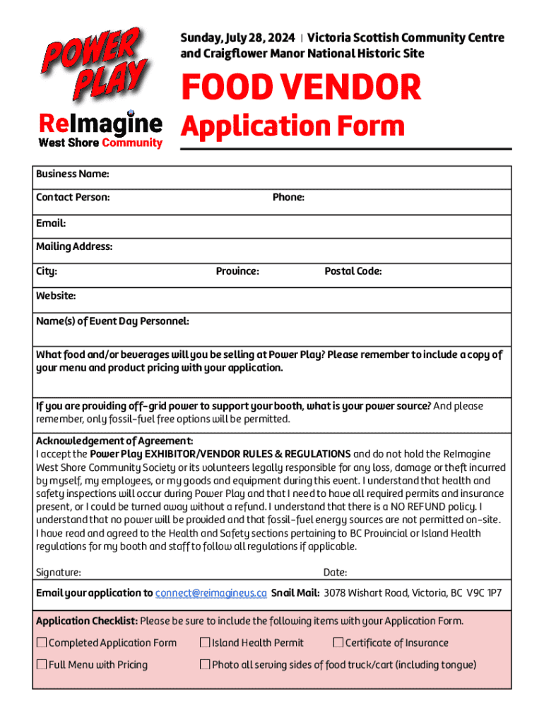Fillable Online Food Vendor Application Form for Power Play 2024 ...