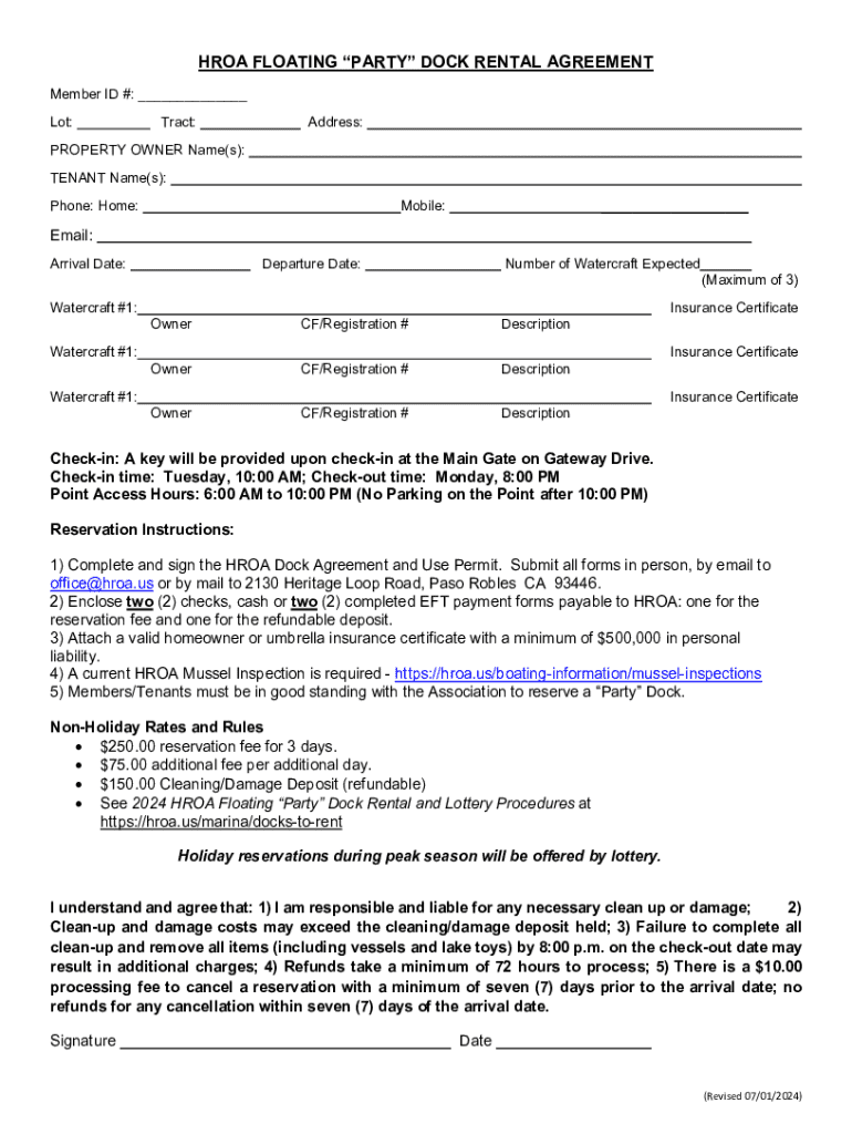 Fillable Online Boat Slip Rental Agreement Pleasants Landing Marina ...