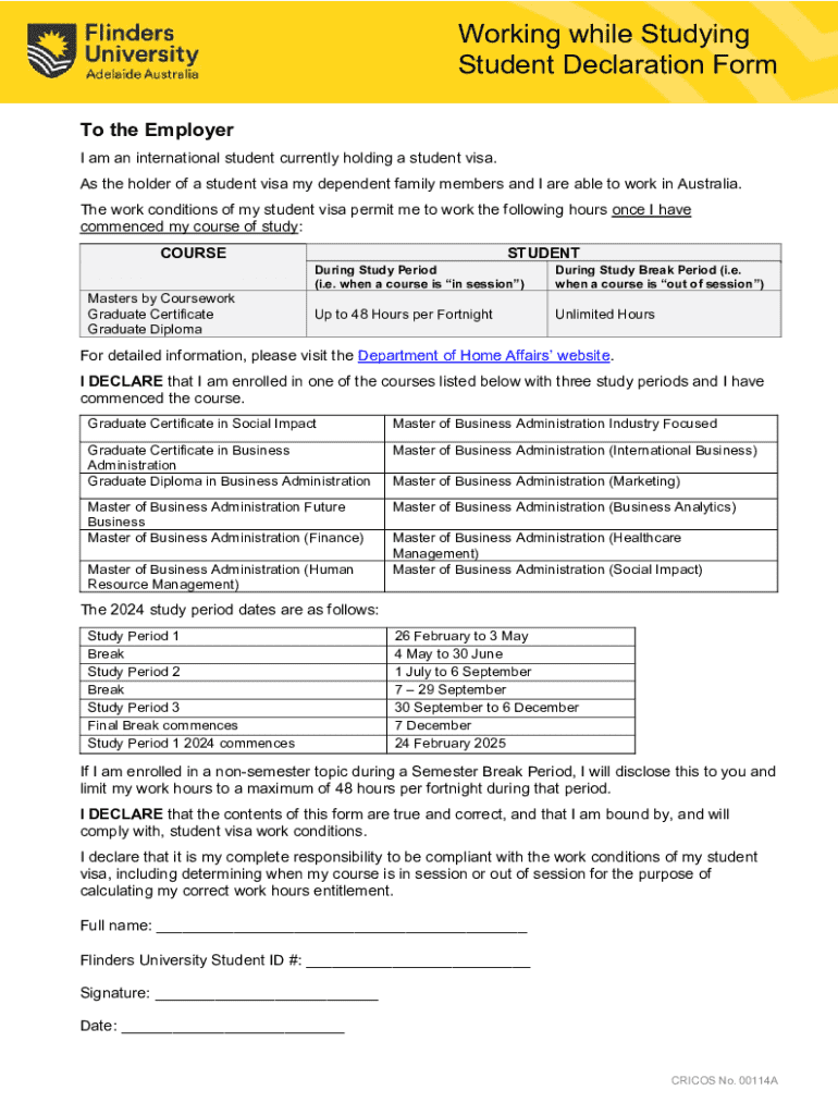 Fillable Online Working While Studying: Student Declaration Form 2024 ...