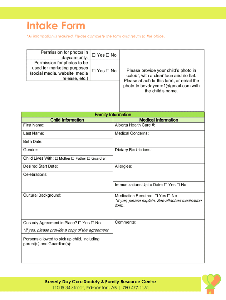 Fillable Online Intake Form for Beverly Day Care Society 2023 Fax Email ...