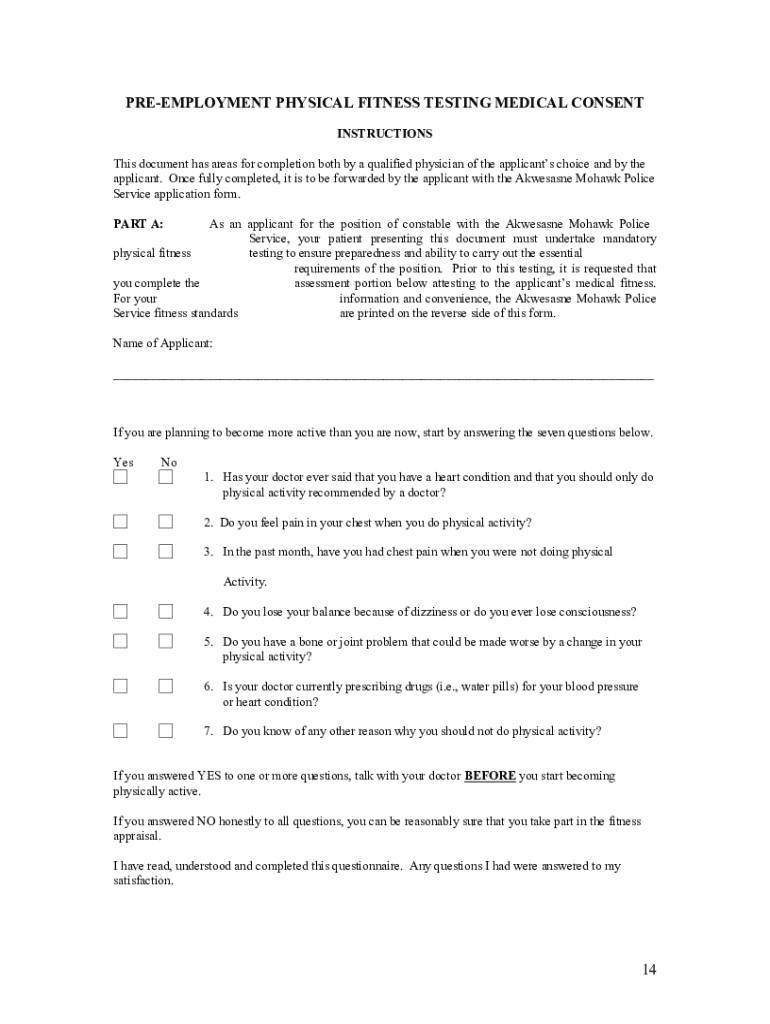 Fillable Online 2023 Pre-employment Fitness Testing Medical Consent for ...