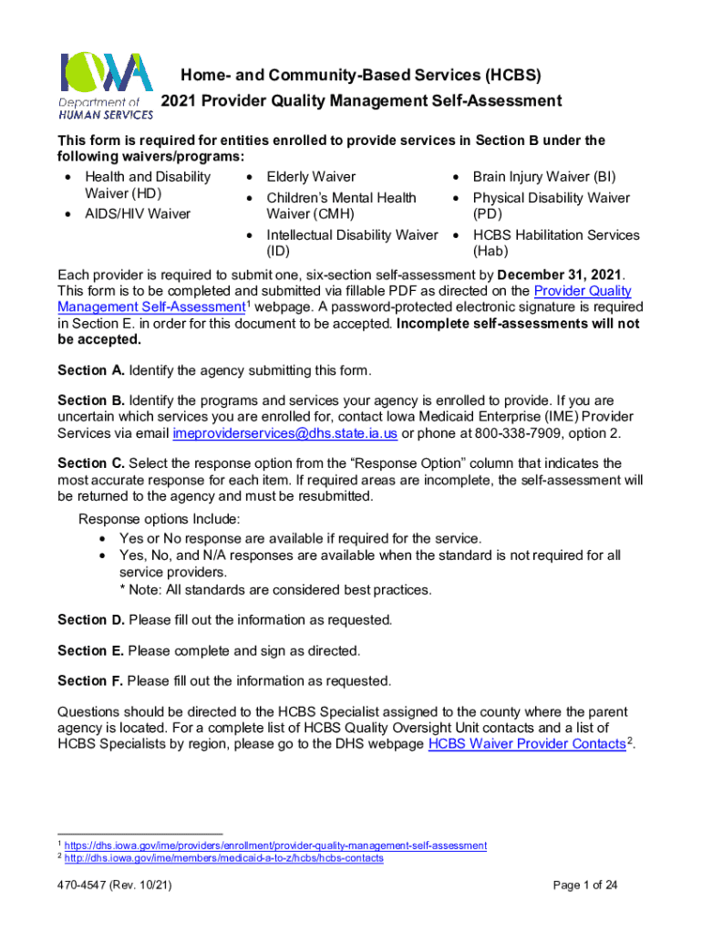 Fillable Online 2021 Hcbs Provider Quality Management Self-assessment ...