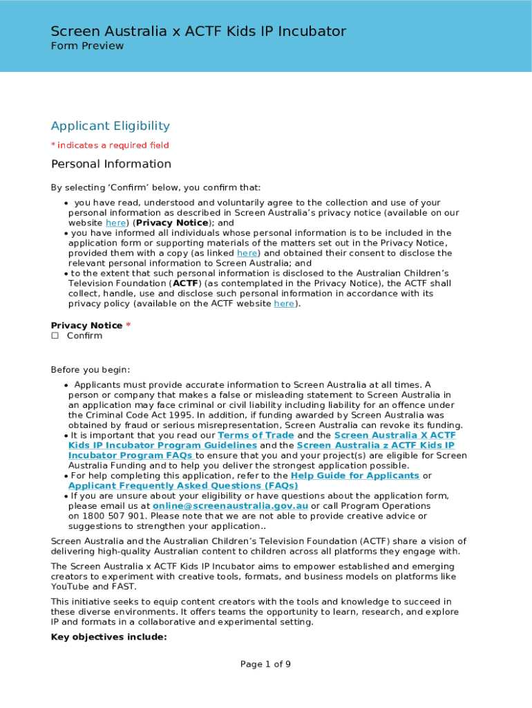 Fillable Online Screen Australia X Actf Kids Ip Incubator 2023 ...
