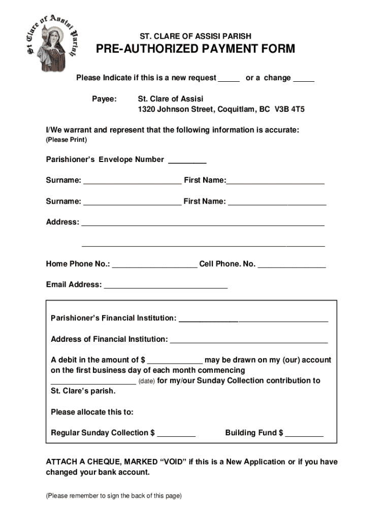 Fillable Online St. Clare of Assisi Parish Pre-authorized Payment Form 2023 Fax Email Print ...
