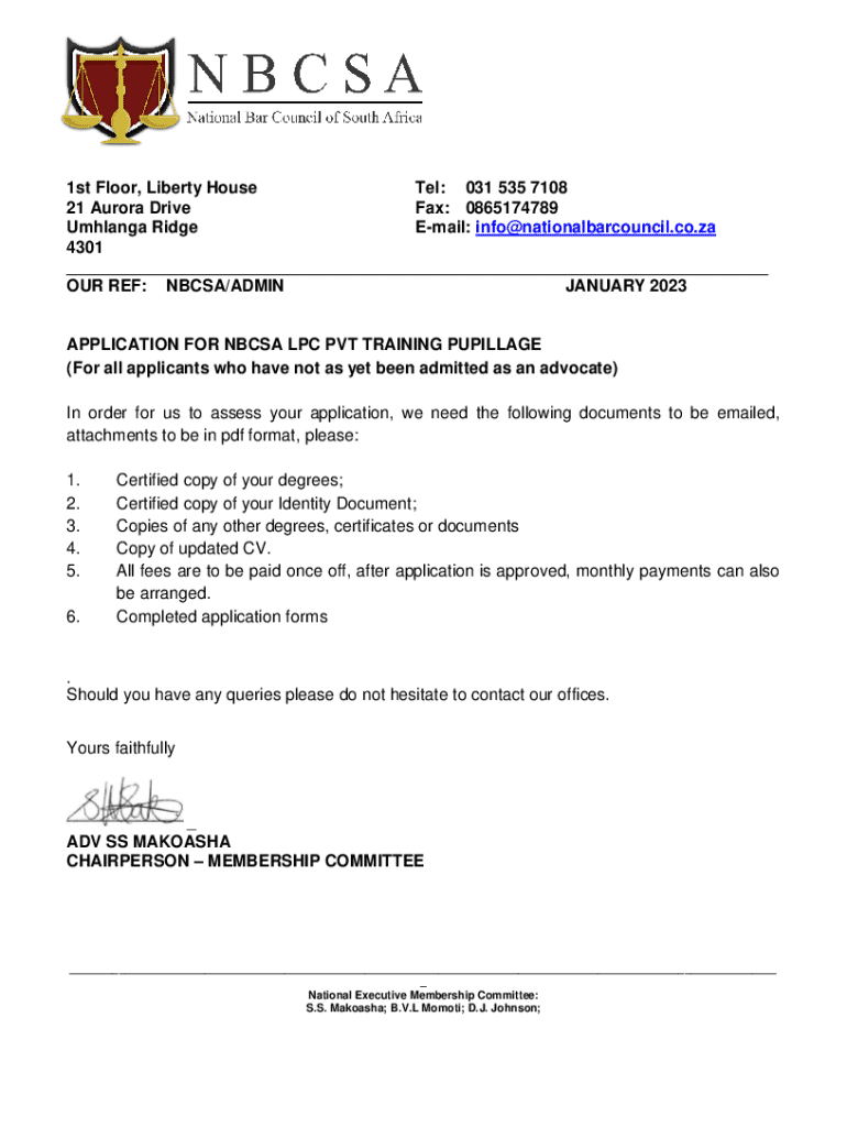 Fillable Online Nbcsa Lpc Pvt Training Pupillage Application - January ...