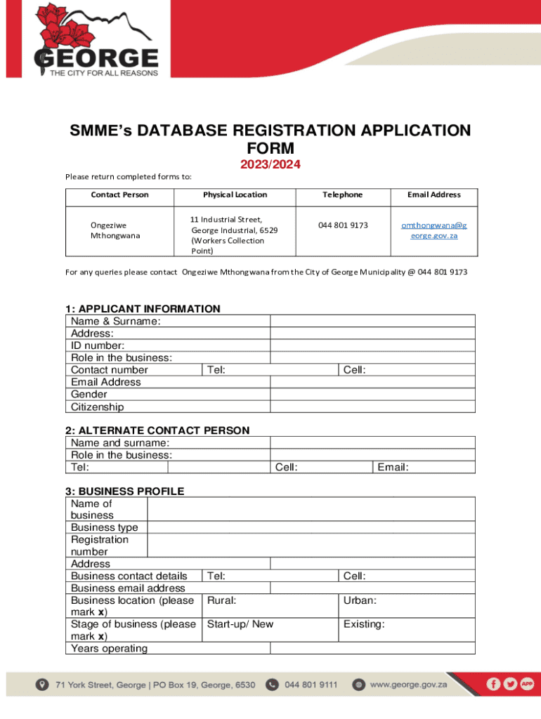 Fillable Online SMME\'s DATABASE REGISTRATION APPLICATION FORM Fax ...