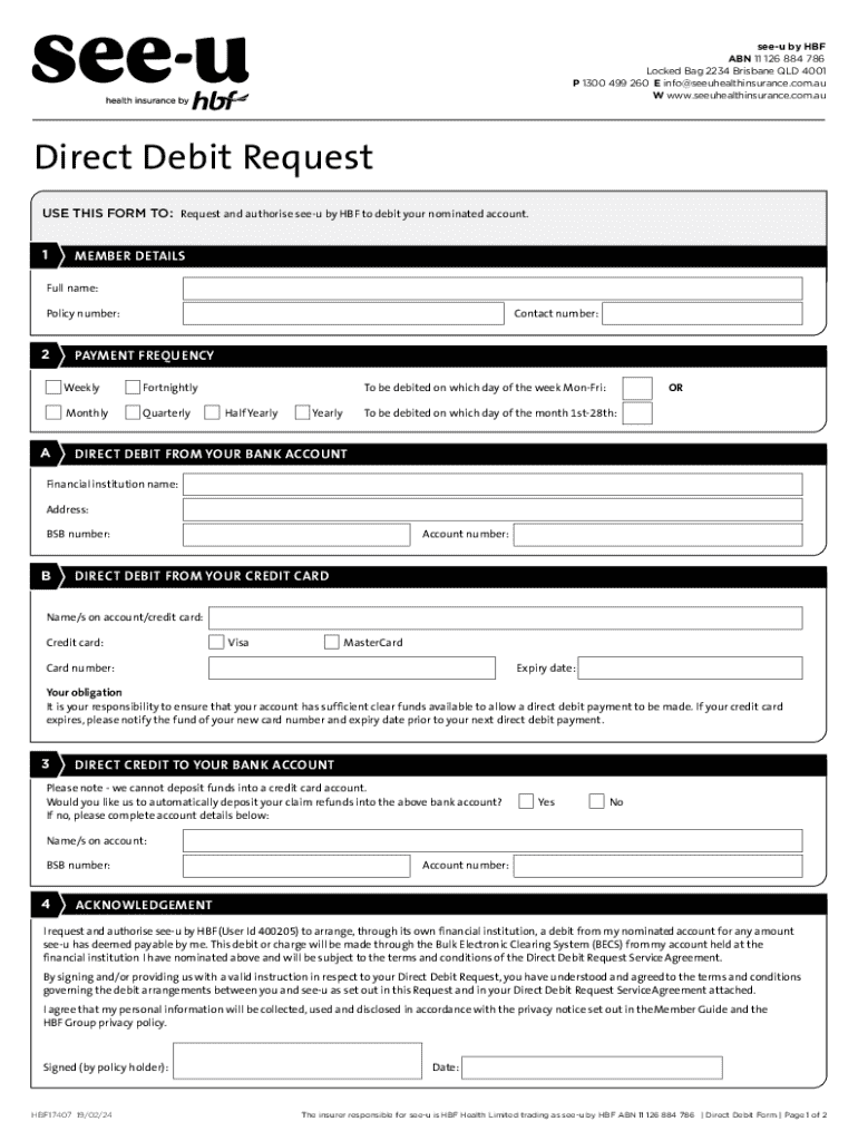 Fillable Online Direct Debit Request Form for See-u by Hbf - 2024 Fax Email Print - pdfFiller