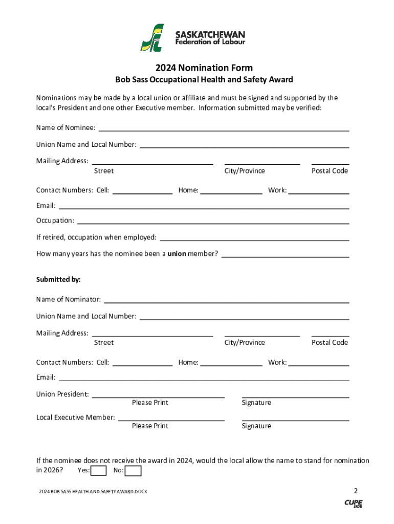 Fillable Online Safety Leadership Awards - nomination deadline extended ...