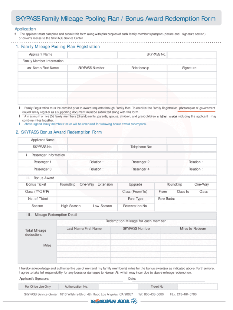 Fillable Online Skypass Family Mileage Pooling Plan 2023 - Bonus Award Redemption Fax Email ...