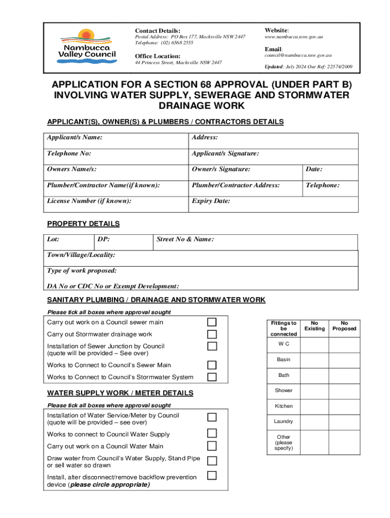 Fillable Online 2024 Application for Section 68 Approval - Water Supply, Sewerage & Drainage Fax ...