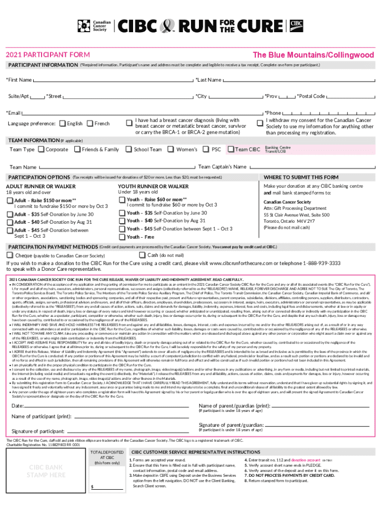 Fillable Online 2021 Canadian Cancer Society Cibc Run for the Cure ...